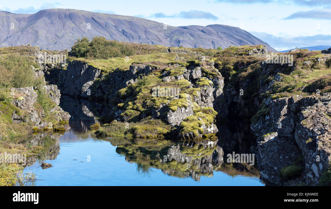 travel to Iceland - view of Silfra fault in valley of Thingvellir ...