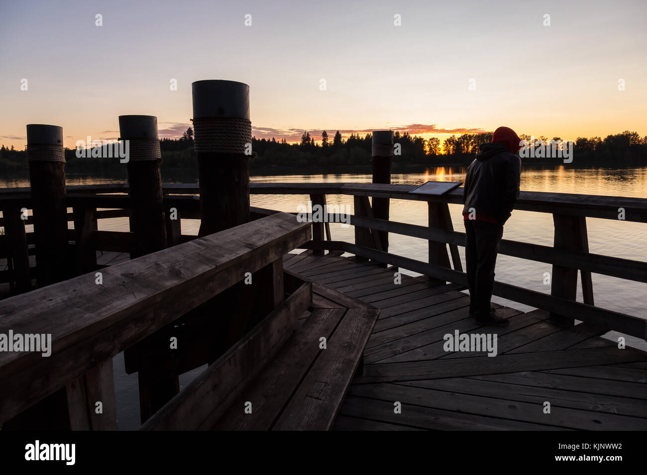 Sunset view of a bench at Kanaka Creek Regional Park, Maple Ridge ...