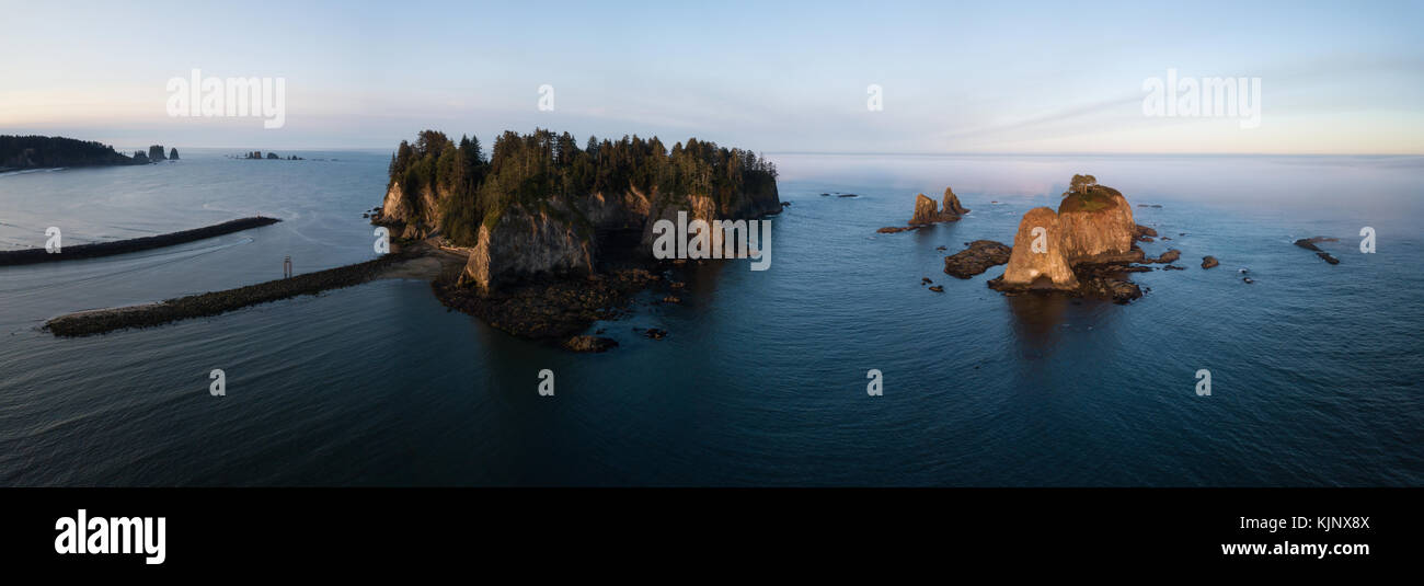 Aerial panoramic landscape view of the beautiful rocky coast on Pacific ...