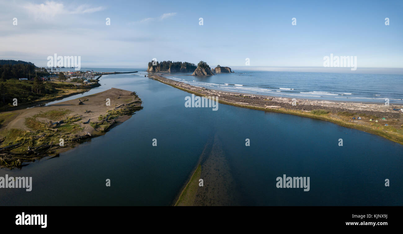 Aerial panoramic landscape view of the beautiful rocky coast on Pacific ...