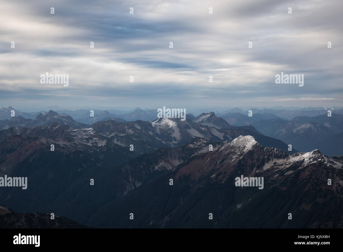 Aerial view of the rugged Canadian landscape of the mountain peaks ...
