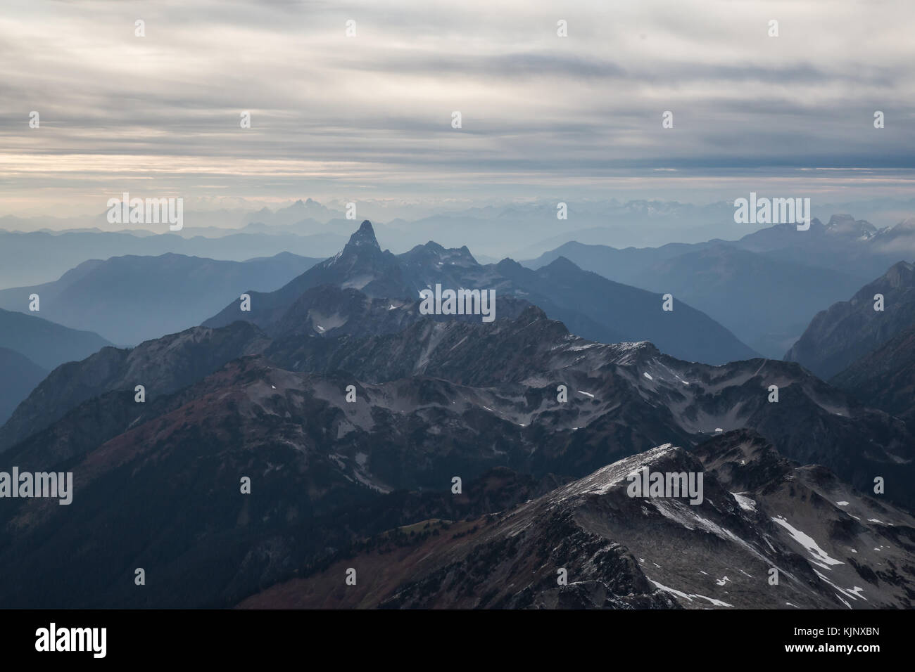 Aerial view of the rugged Canadian landscape of the mountain peaks ...