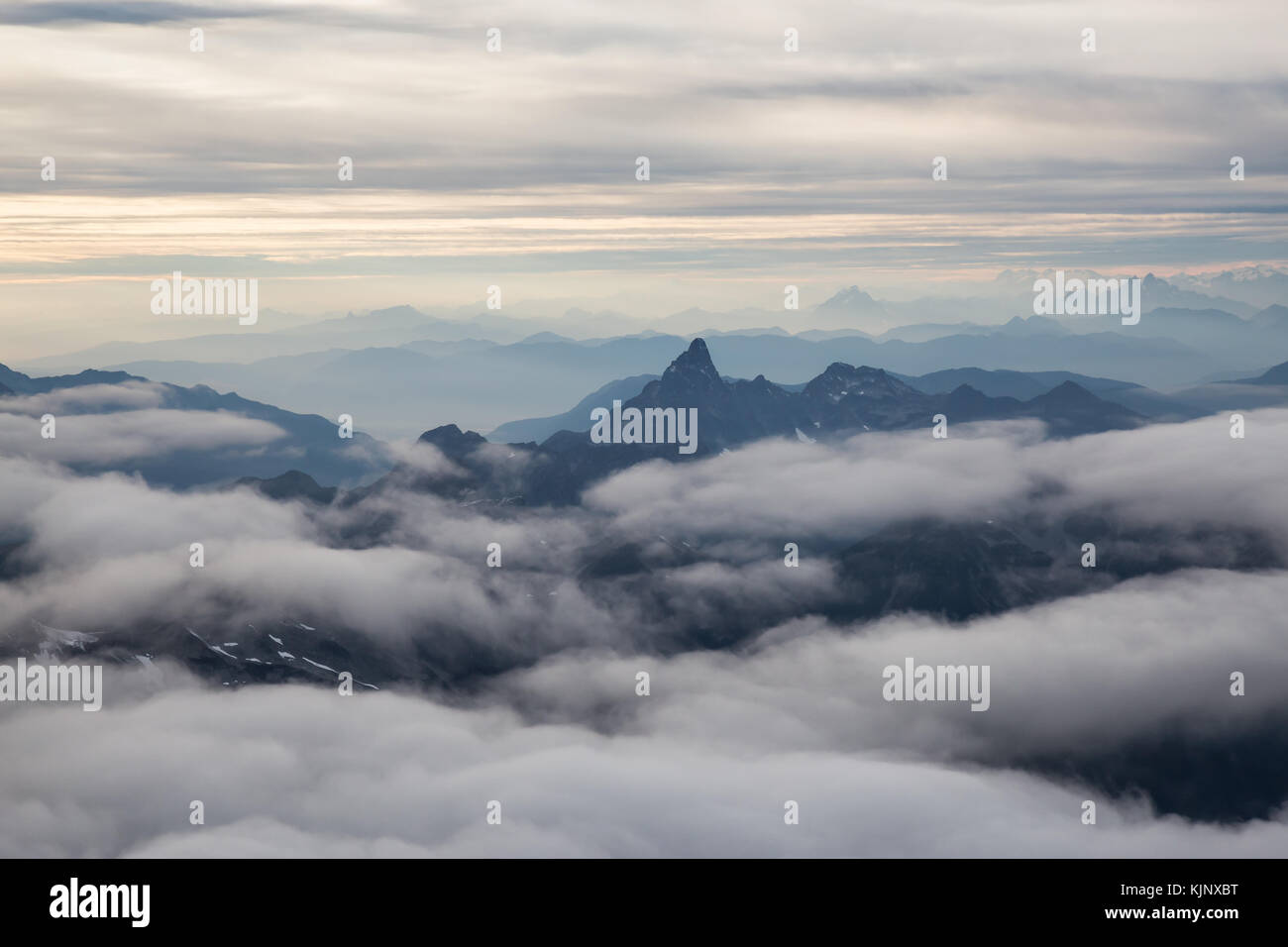 Aerial view of the rugged Canadian landscape of the mountain peaks ...