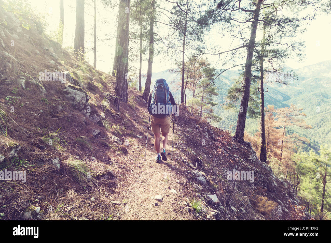Hiking in famous Lycian Way in the Turkey. Backpacker in the trail ...
