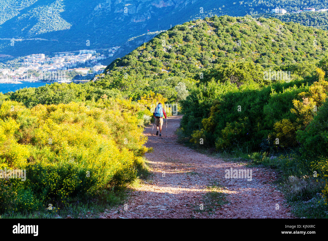 Hiking in famous Lycian Way in the Turkey. Backpacker in the trail ...