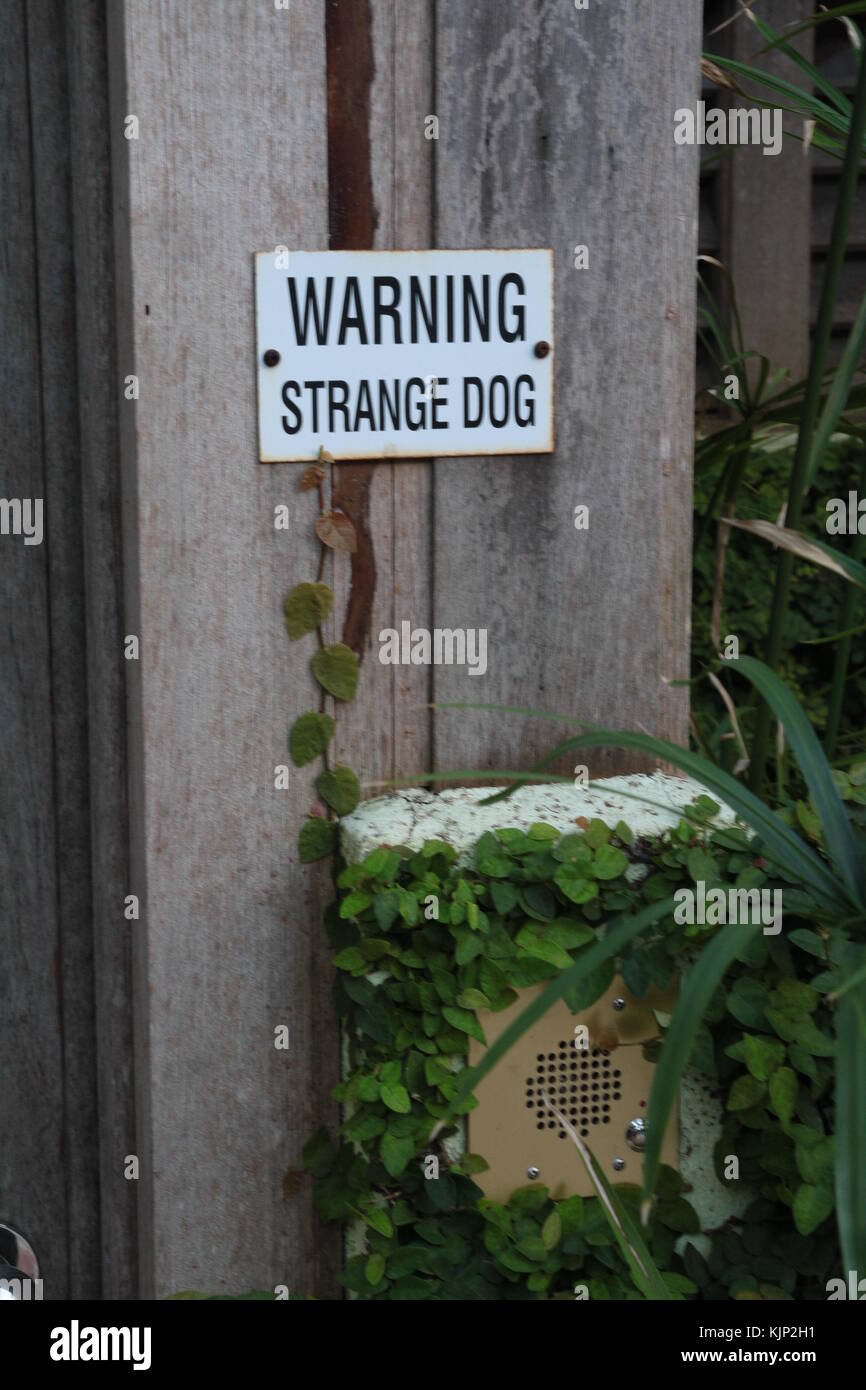 Strange dog warning sign Stock Photo - Alamy
