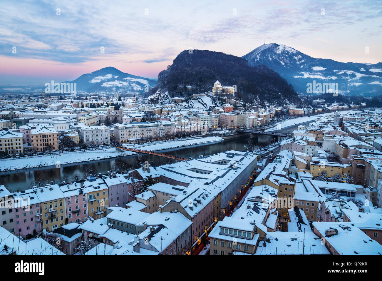 Panorama Salzburg during sunset in winter with fresh snow, Austria ...