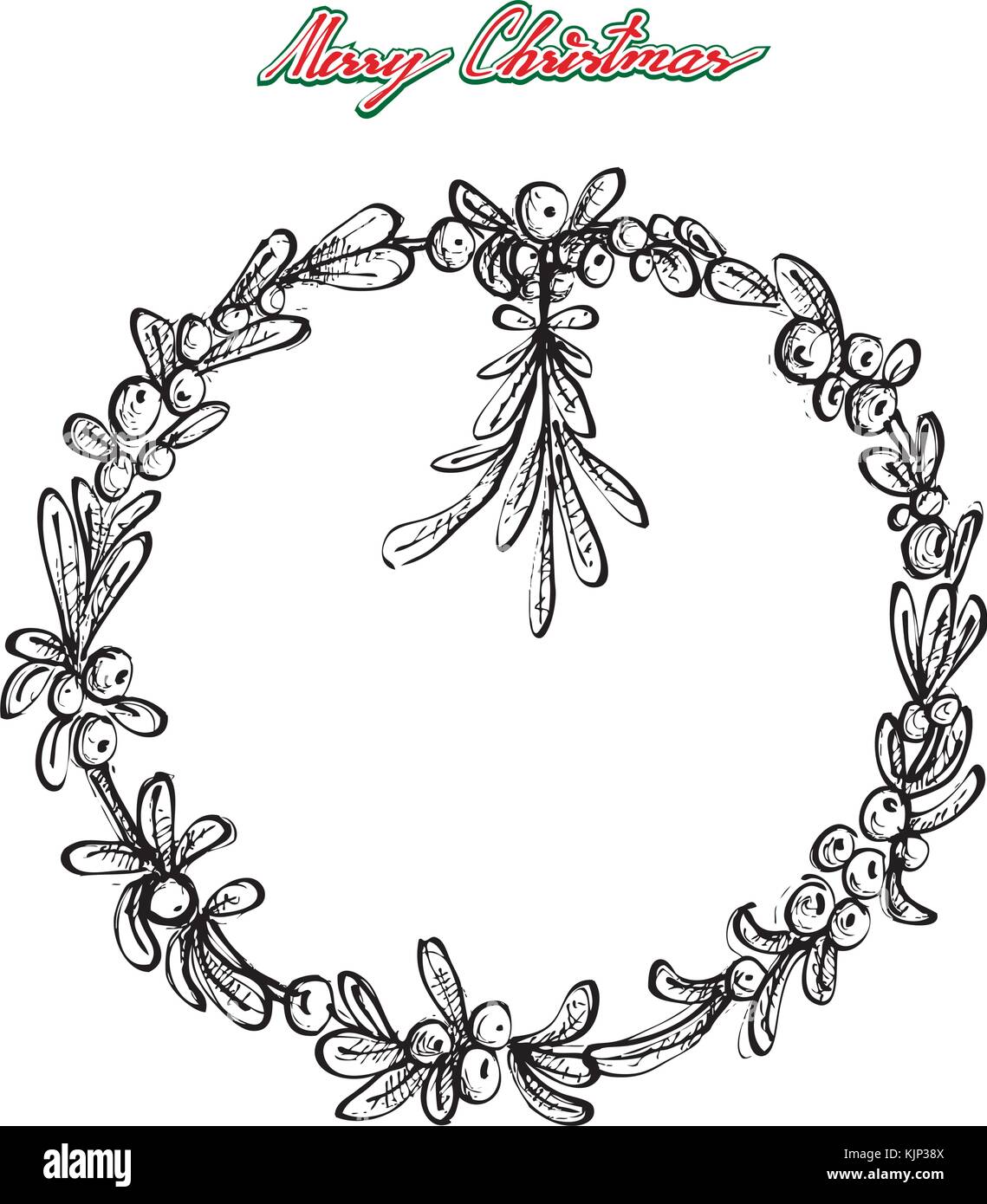 Illustration Hand Drawn Sketch of A Beautiful Christmas Wreath of ...