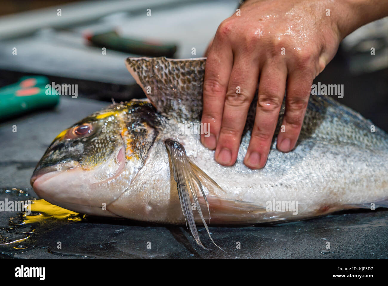 Fish being cut open on a market in France Stock Photo - Alamy
