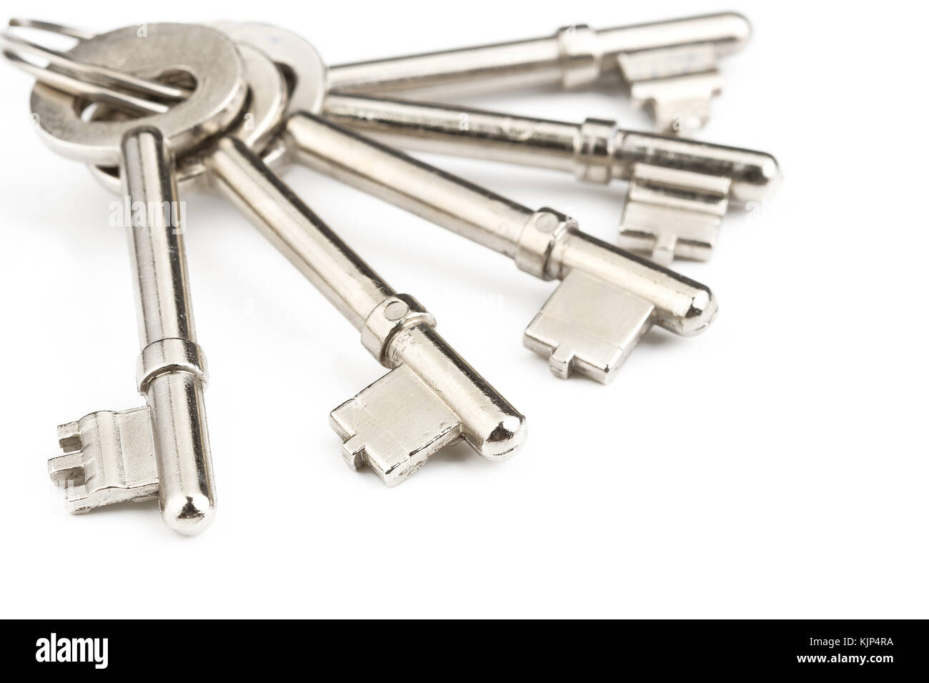 Old silver-color metal keys with key chain on white background Stock ...