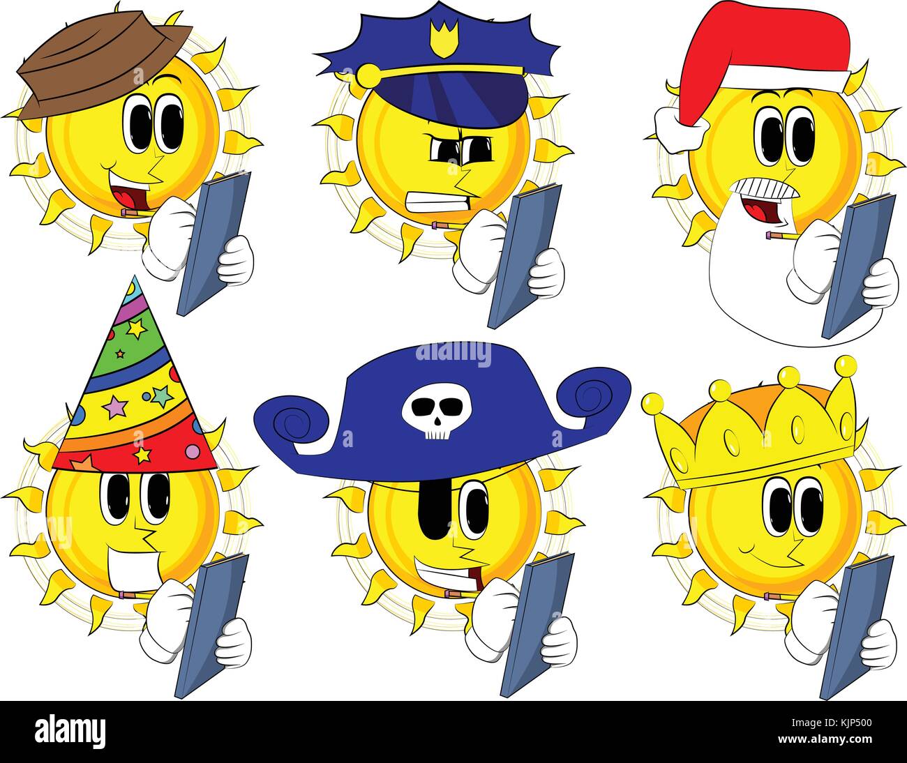 Cartoon sun writing on a books cover. Collection with costume ...