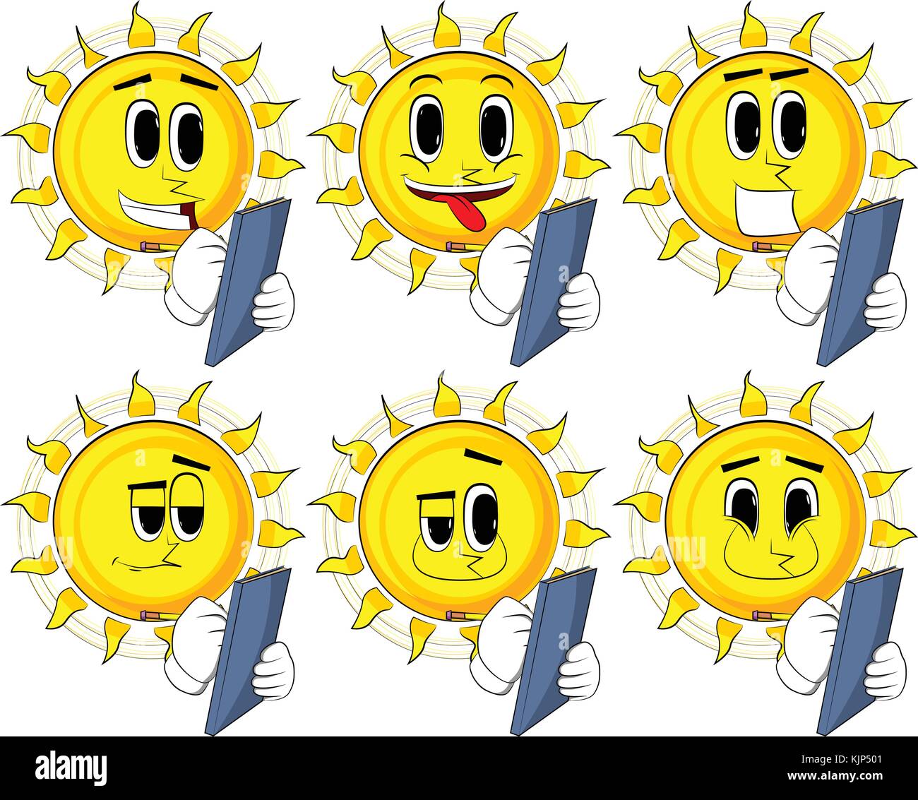Cartoon sun writing on a books cover. Collection with happy faces ...