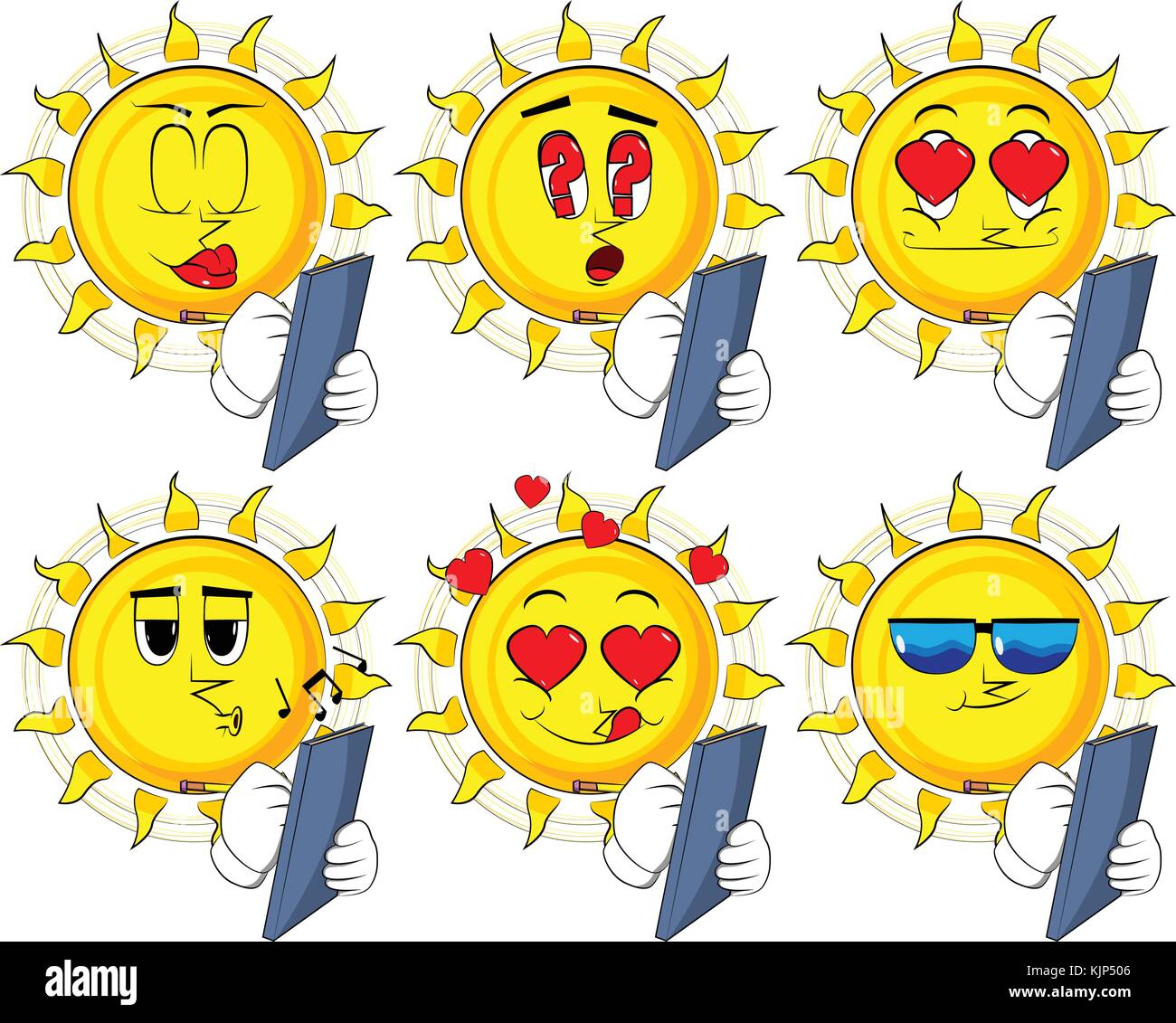 Cartoon sun writing on a books cover. Collection with various facial ...