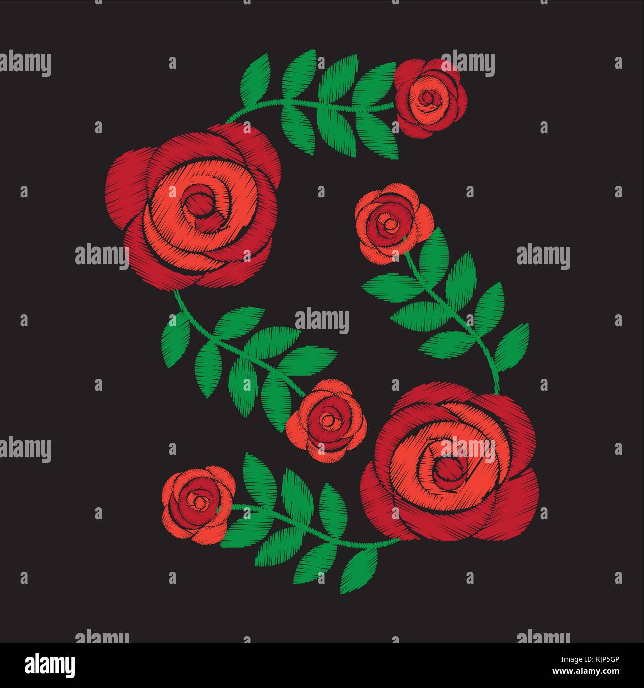 embroidery roses floral leaves pattern fashion on black background ...