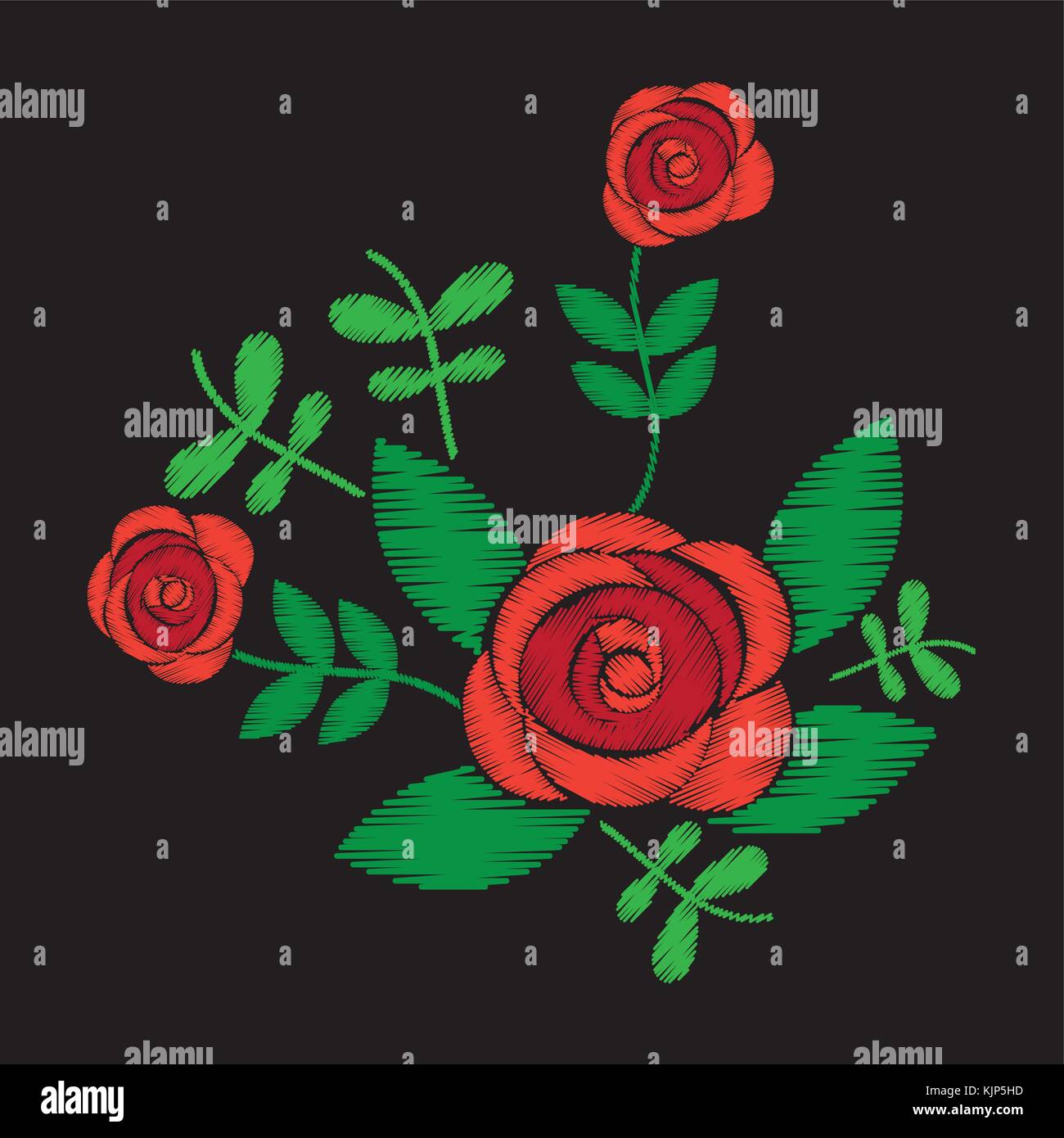 embroidery roses floral leaves pattern fashion on black background ...