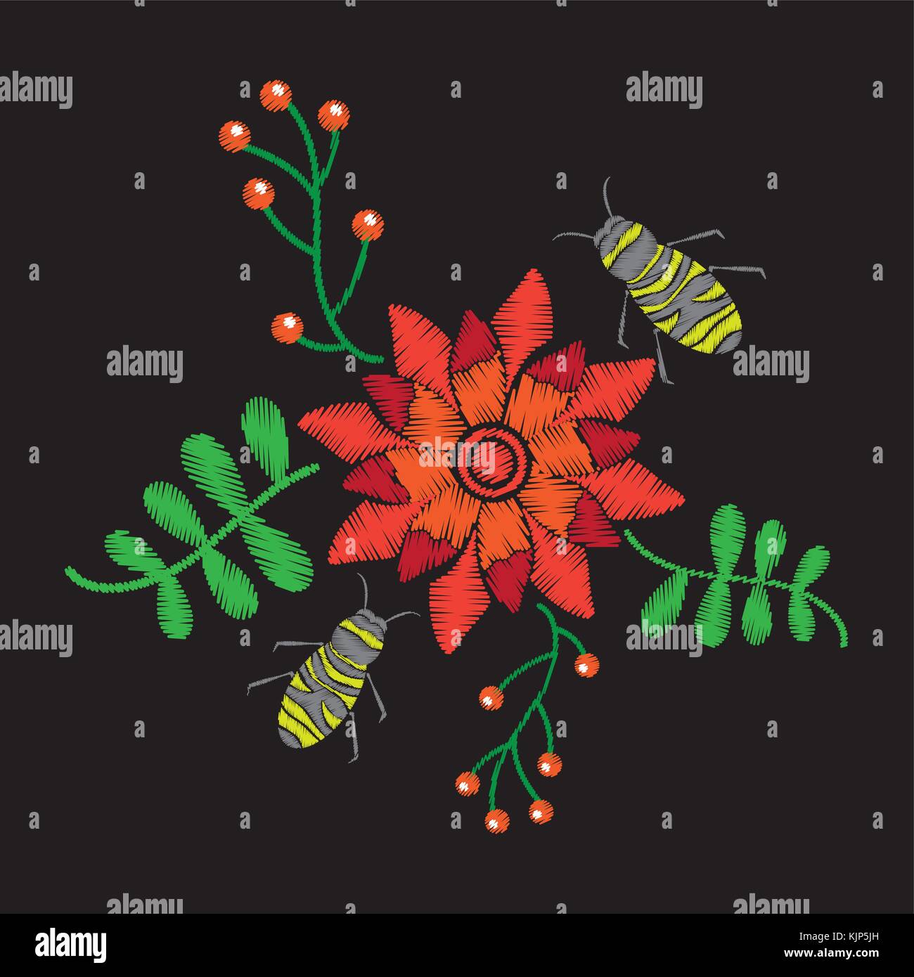 beautiful embroidery flower bees fly and berries natural pattern Stock ...