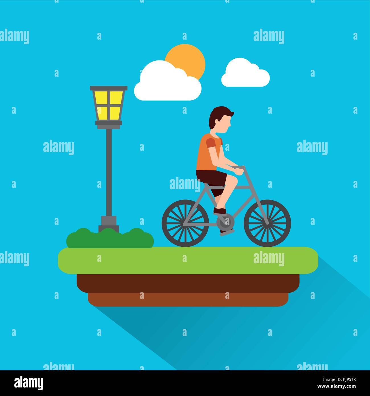 man riding bicycle with meadow lapm light cloud and sun scene shadow ...