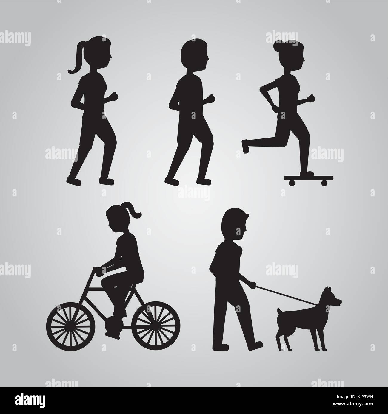 set people various activities walk runner riding bicycle skater and dog ...