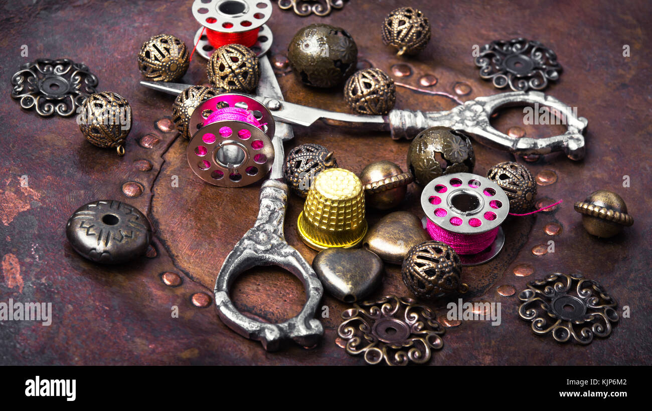 retro set of home sewing tools and accessories Stock Photo - Alamy