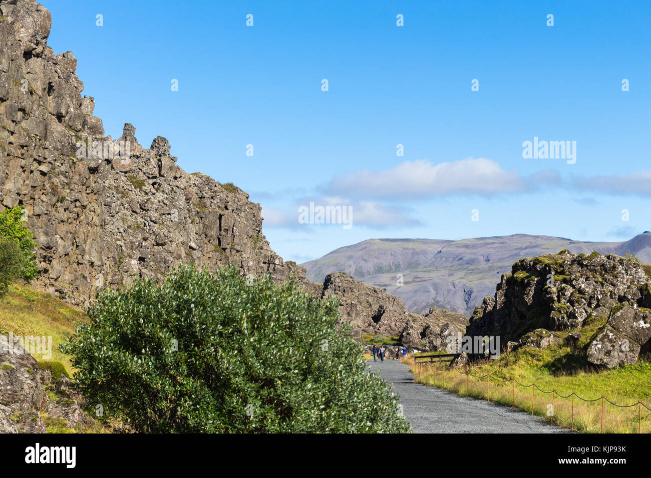 THINGVELLIR, ICELAND - SEPTEMBER 6, 2017: people on way to Almannagja ...
