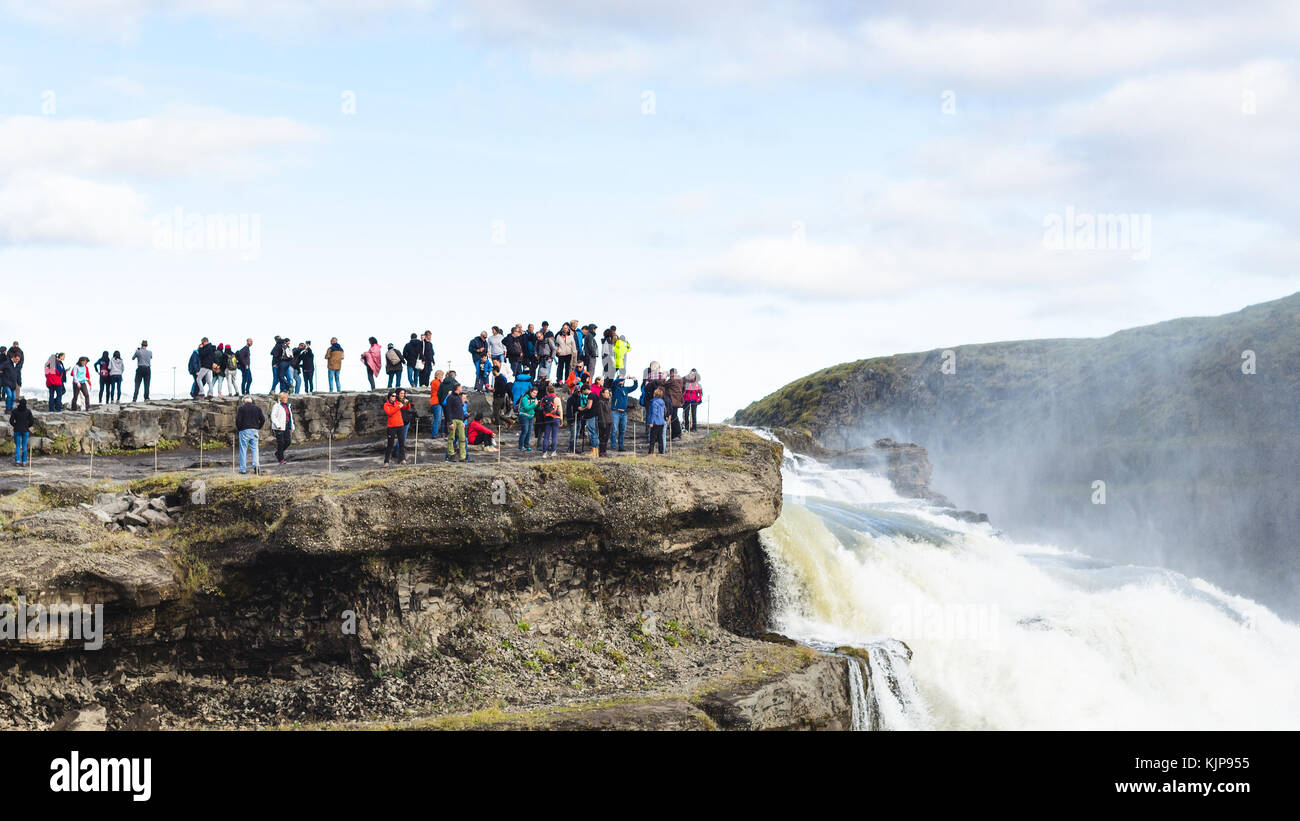 GULLFOSS, ICELAND - SEPTEMBER 6, 2017: visitors at viewpoint over ...
