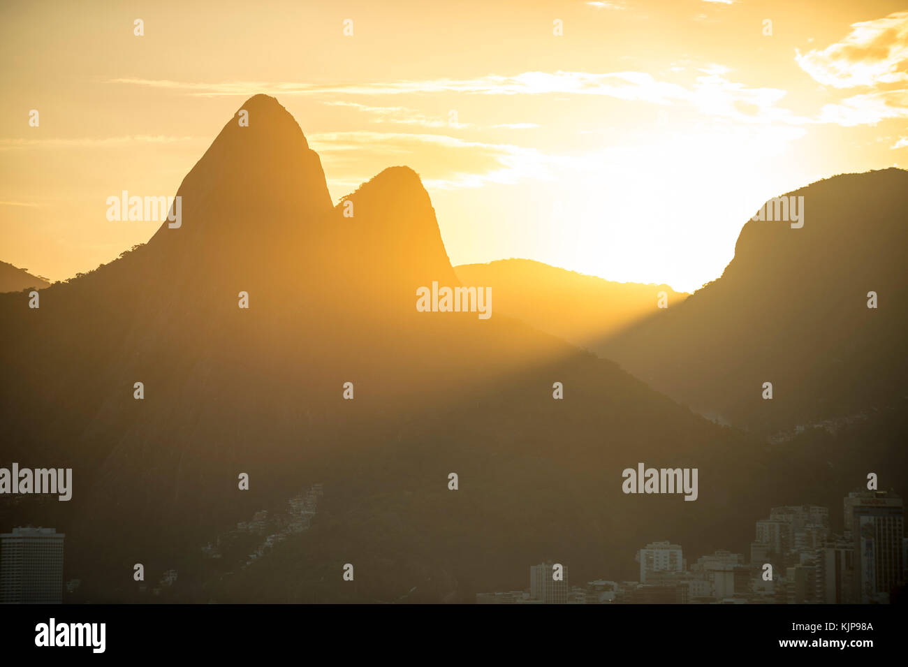 Bright scenic sunset view of Two Brothers Mountain in Rio de Janeiro ...