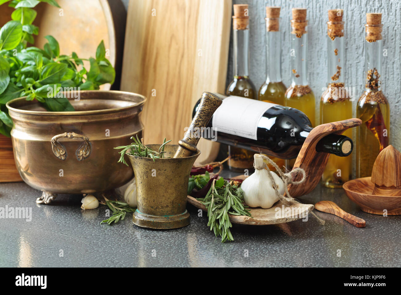 Kitchen utensils bottles olive oil hi-res stock photography and images ...