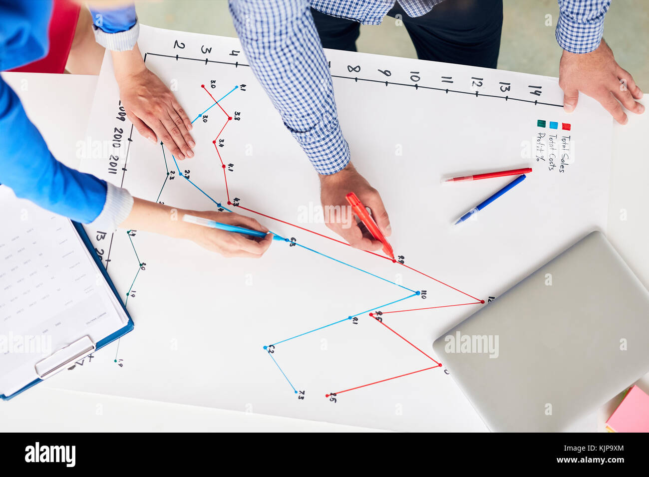 Young financiers making graphs of sales rate increase and its ...