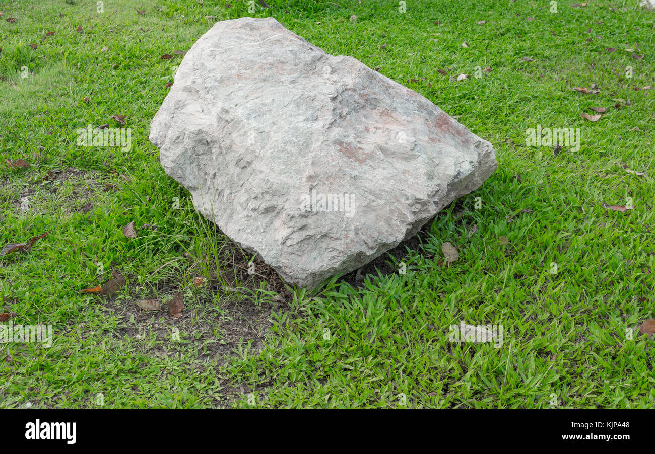Big stone in the grass. on left of meadow in green grass . select focus ...