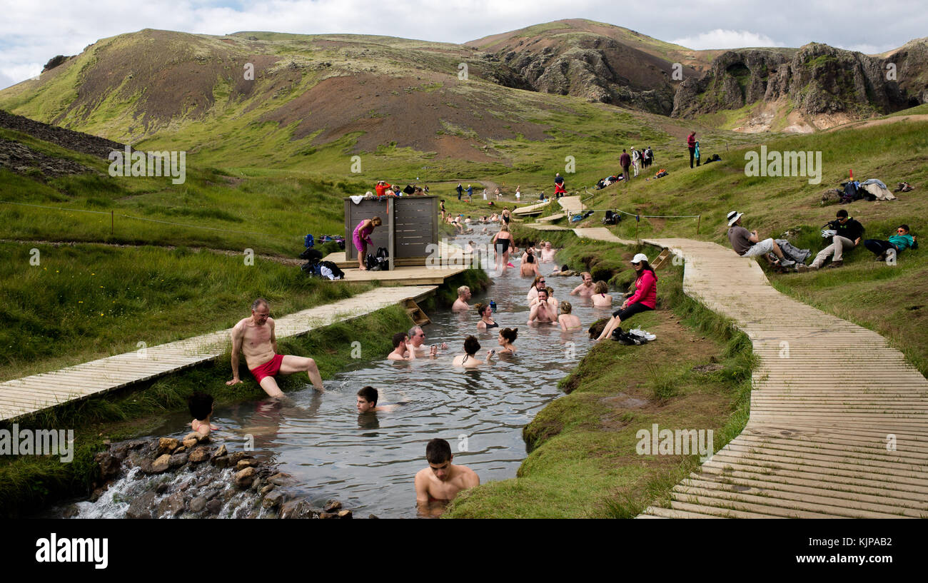 Iceland - August 1, 2017: People bathing in one of few hot springs in ...