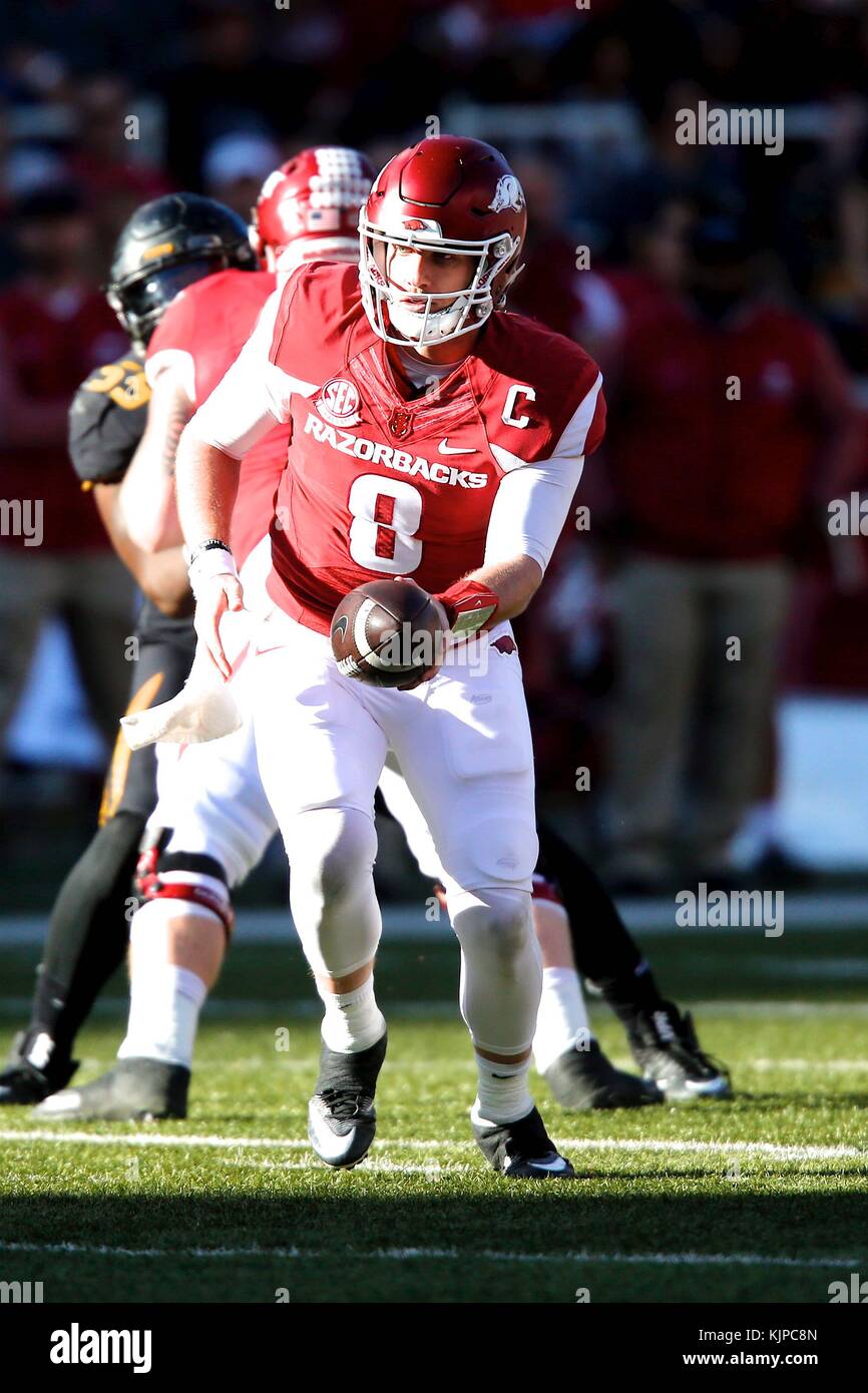 Nov 24, 2017: Austin Allen #8 Razorback QB brings the ball back to his ...