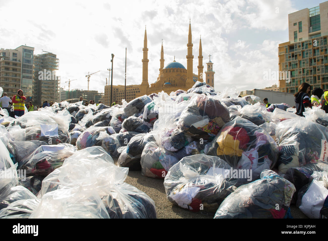 Marytrs' Square, Beirut , Lebanon, 26th Nov 2017, Pile of clothes bags ...
