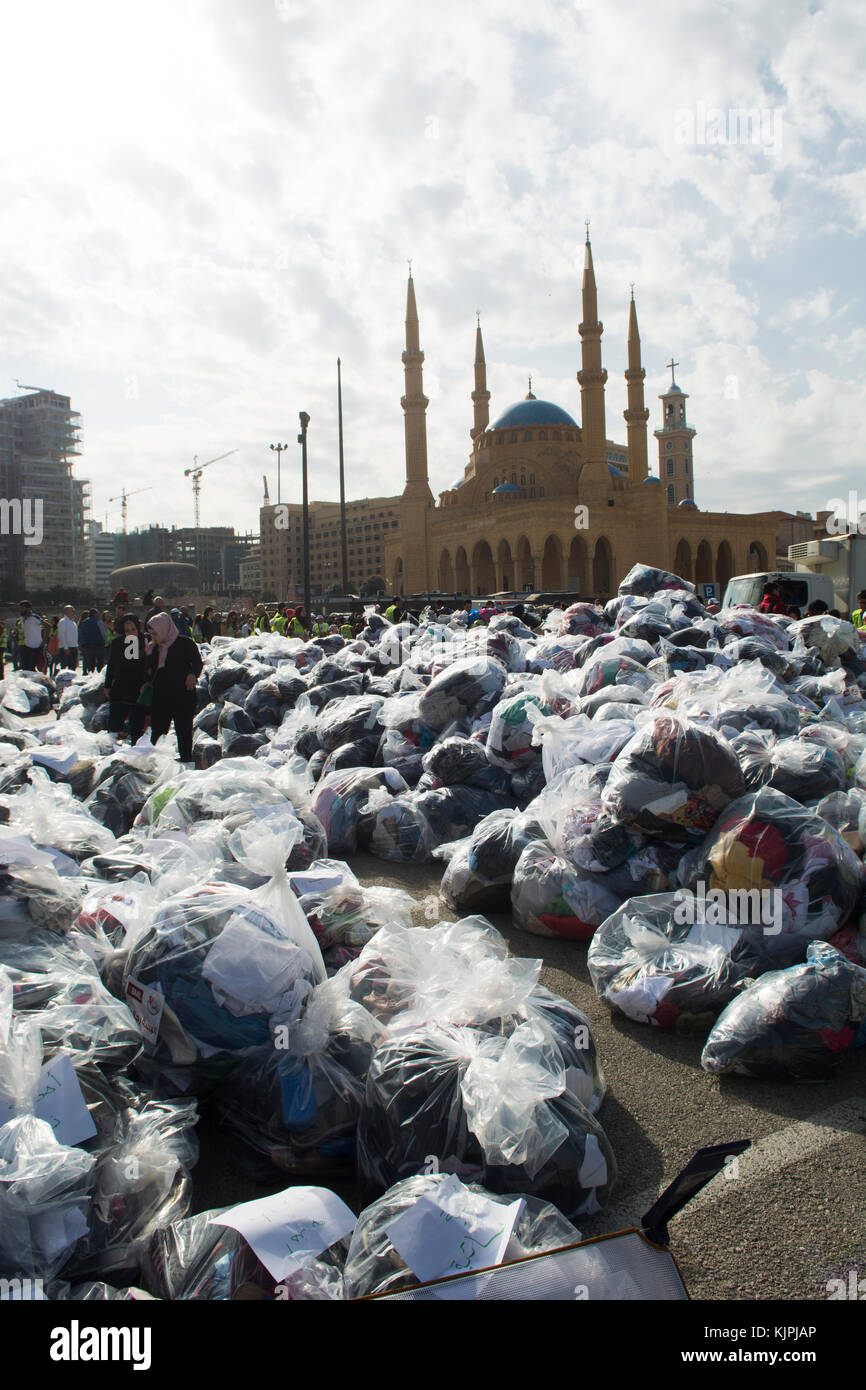 Marytrs' Square, Beirut , Lebanon, 26th Nov 2017, Pile of clothes bags ...