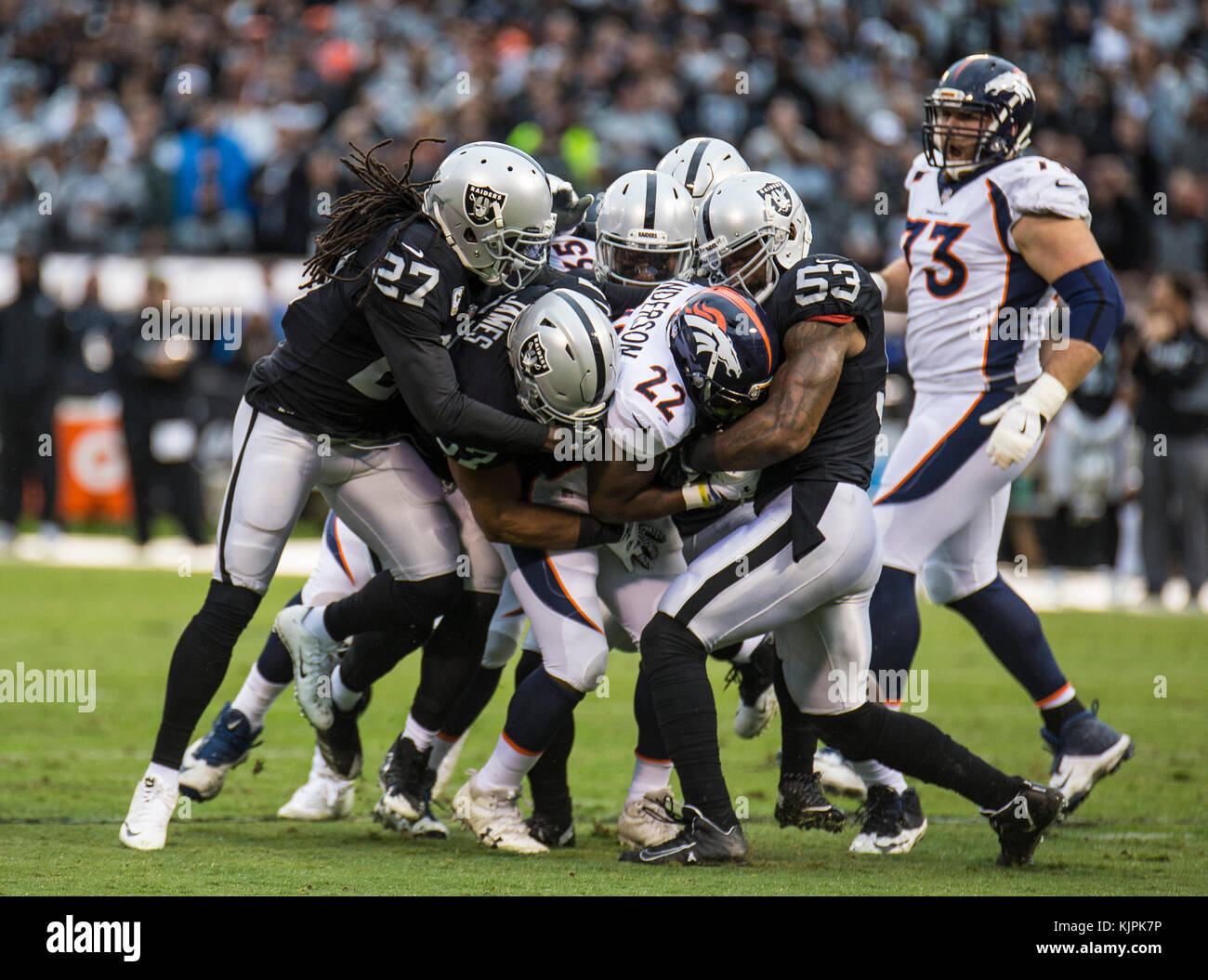 Oakland, California, USA. 26th Nov, 2017. Oakland Raiders swarming ...