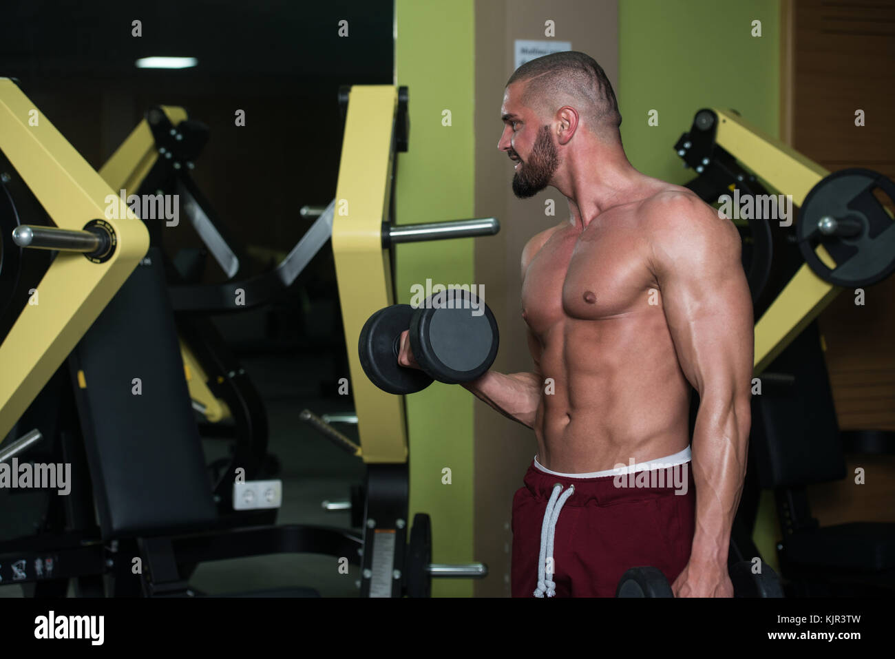 Athlete Working Out Biceps In A Gym - Dumbbell Concentration Curls Stock Photo - Alamy