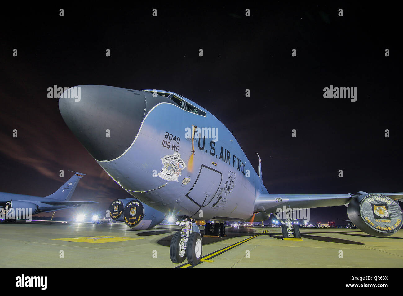 A New Jersey National Guard KC-135R Stratotanker from the 108th Wing sits on the flightline on ...