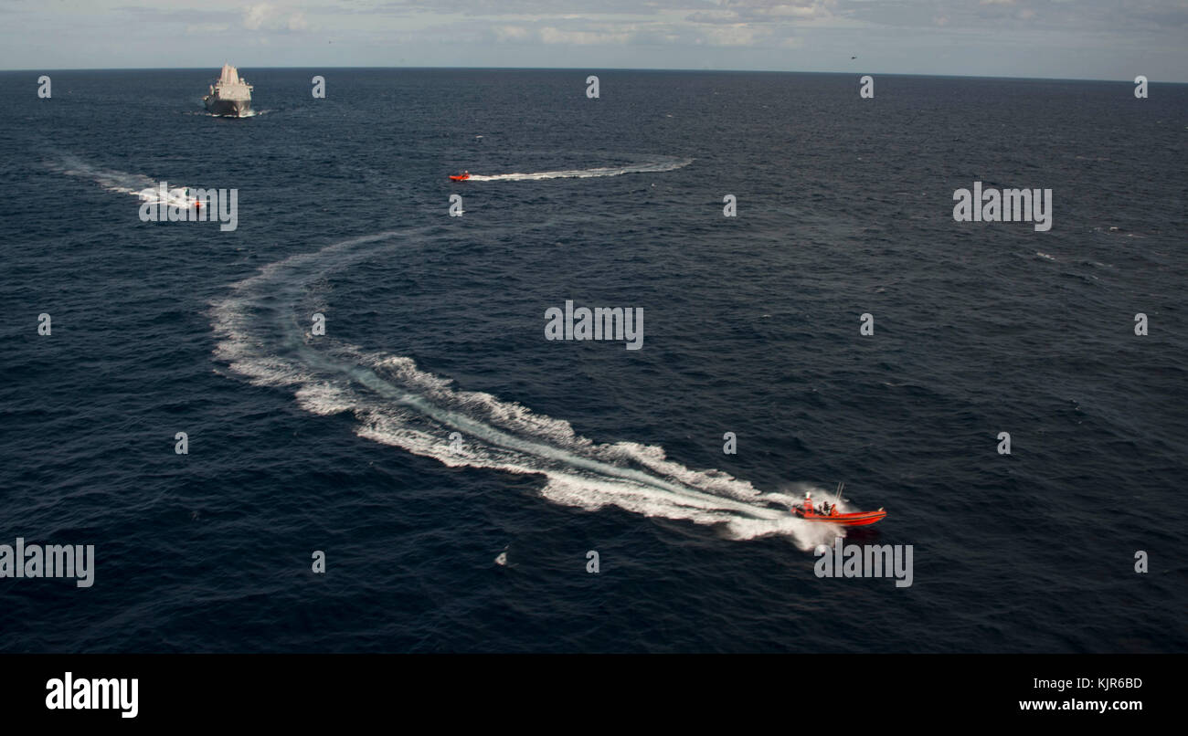 Small boats simulate an attack on the amphibious dock transport ship ...