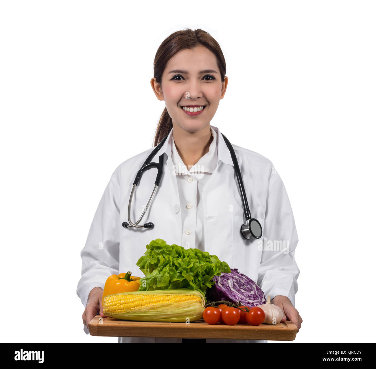 Portrait of beautiful asian young doctor holding the mix fresh ...