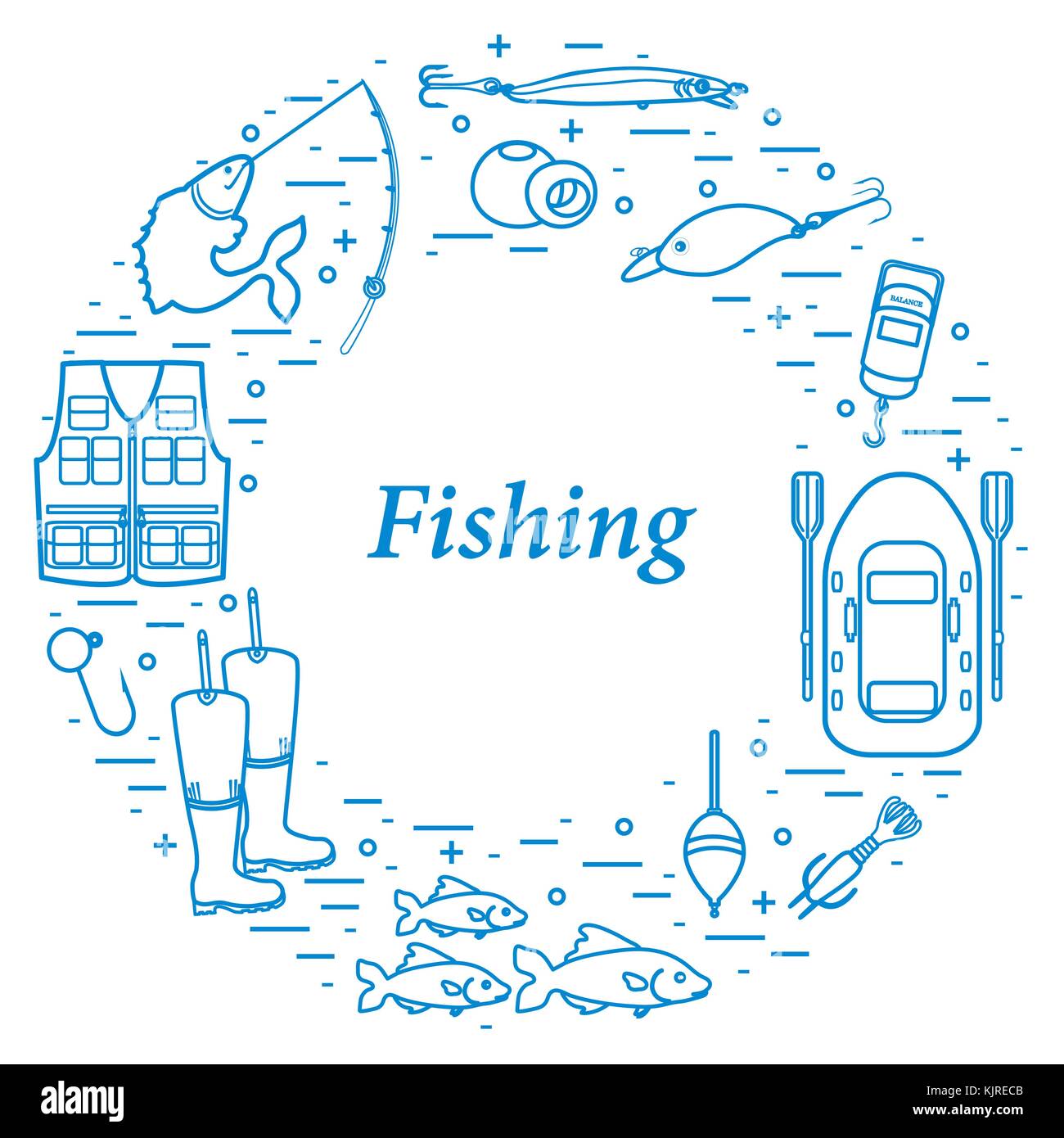Different tools for fishing arranged in a circle. Template for your ...