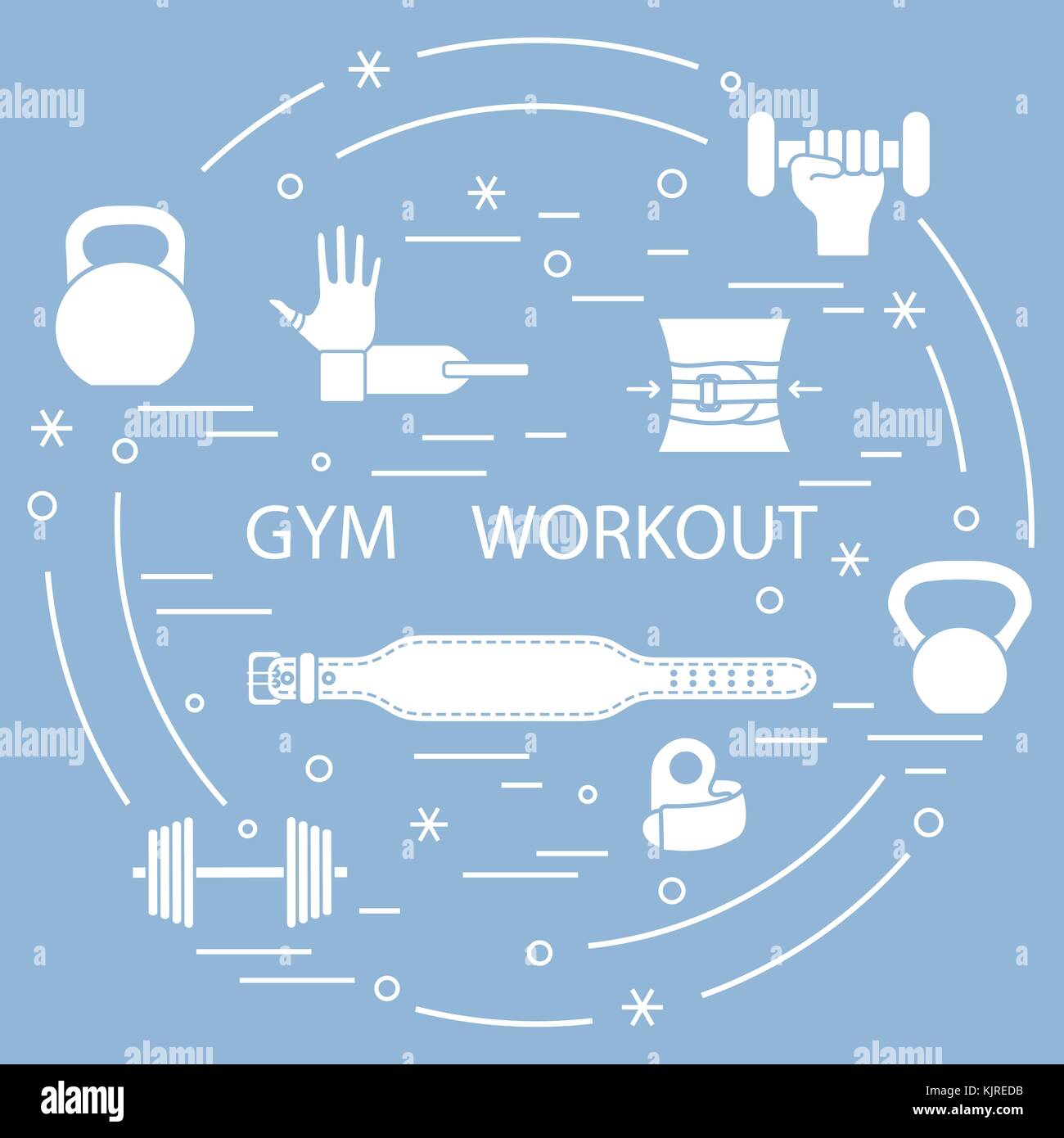 Powerlifting gym workout elements arranged in a circle. Template for ...
