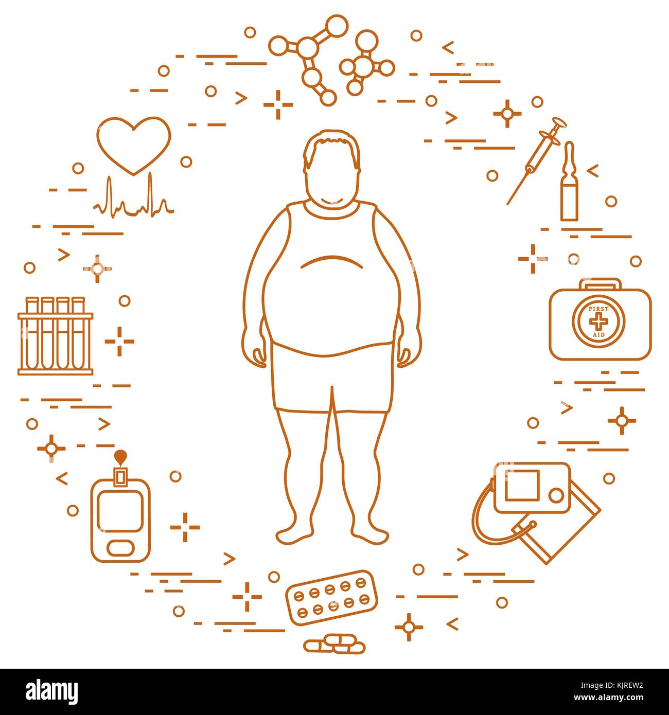 Fat man with medical devices, tools and drugs around him. Health and ...