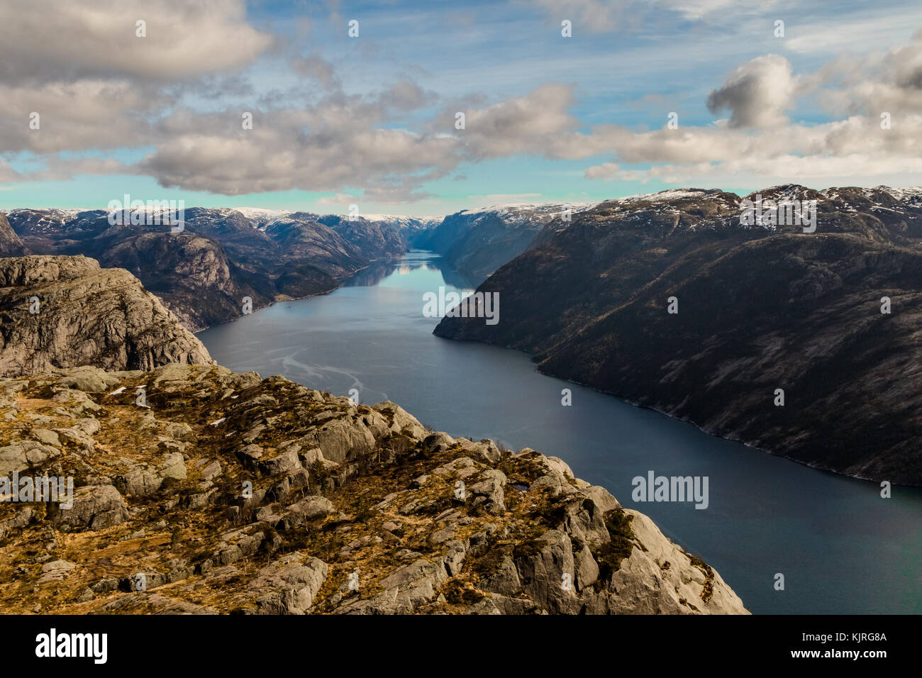 Lysefjorden seen from Preikestolen, mountains and fjord, blue sky with ...