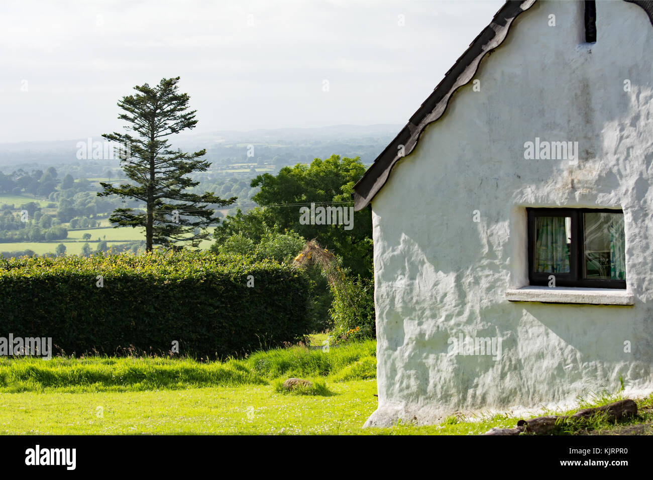 View of an old cottage with pine tree and a valley at the background ...