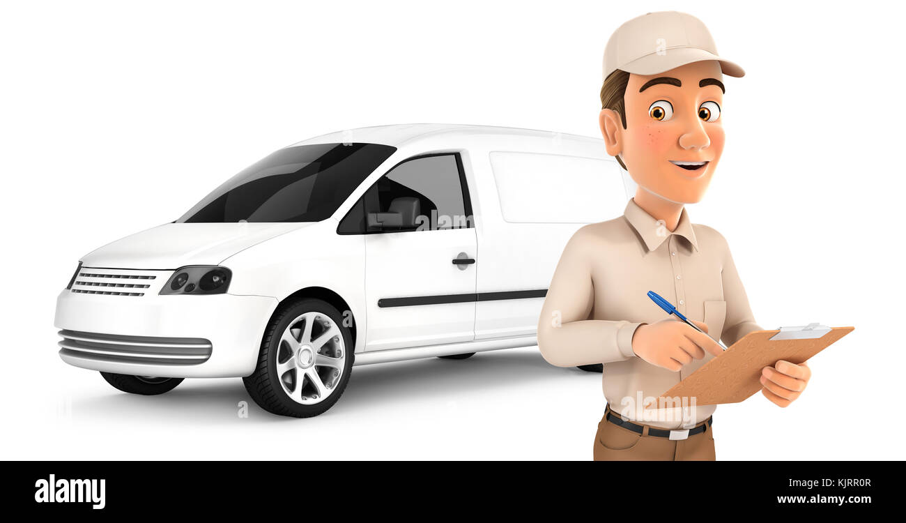 3d delivery man with notepad in front of car, illustration with ...