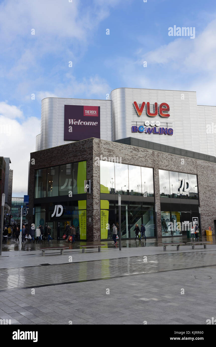 Wet pedestrianised area, Vue cinema and JD sports modern buildings ...