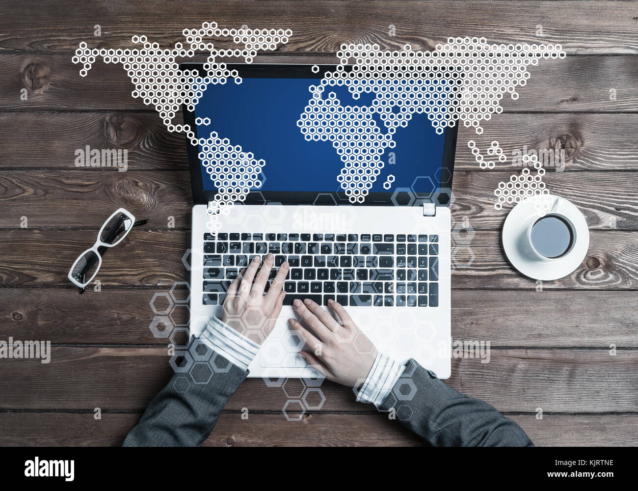 Business workplace with laptop device coffee cup and media user ...