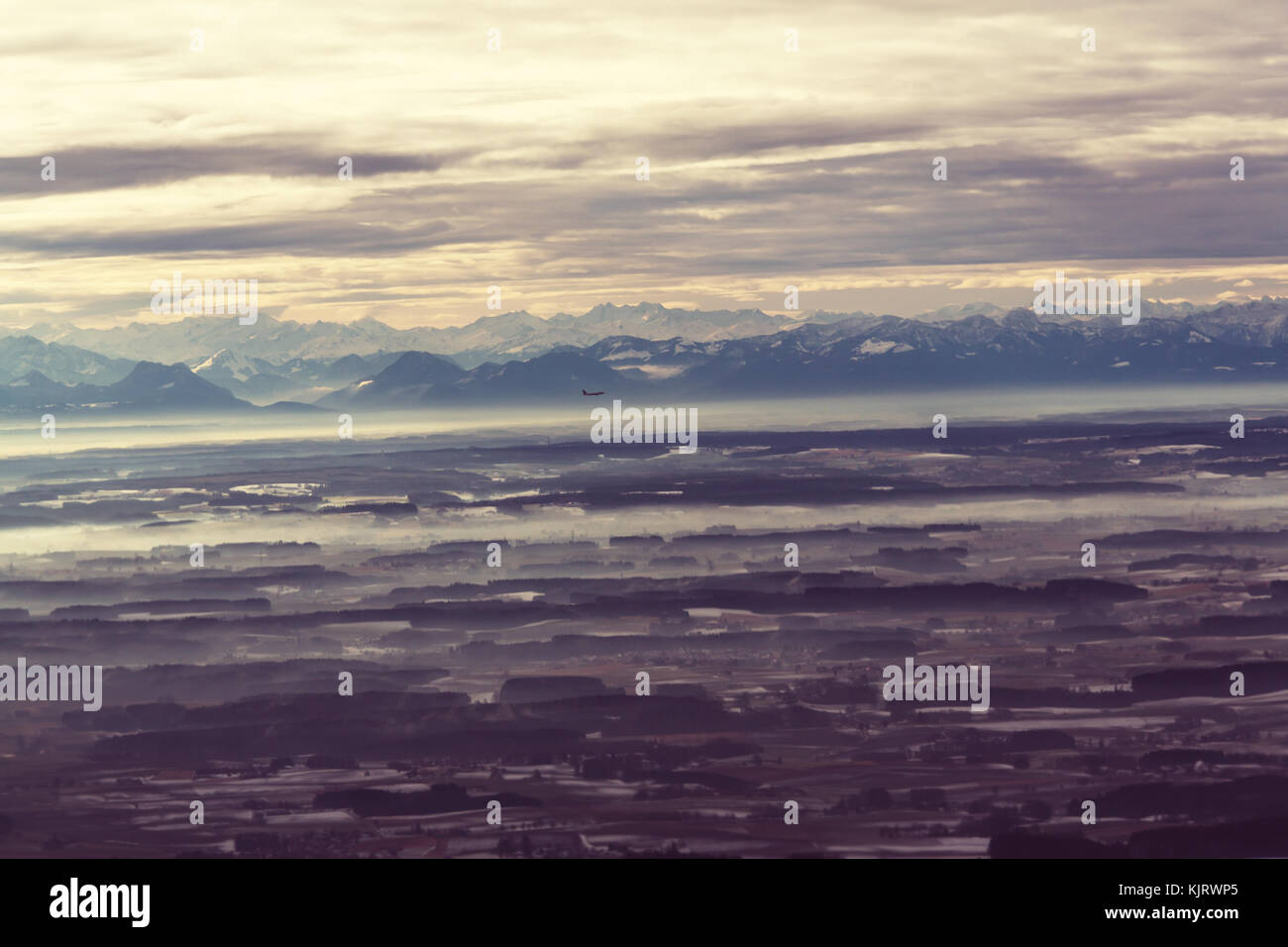 Aerial view from aircraft flying in high altitude. Landscape from above ...