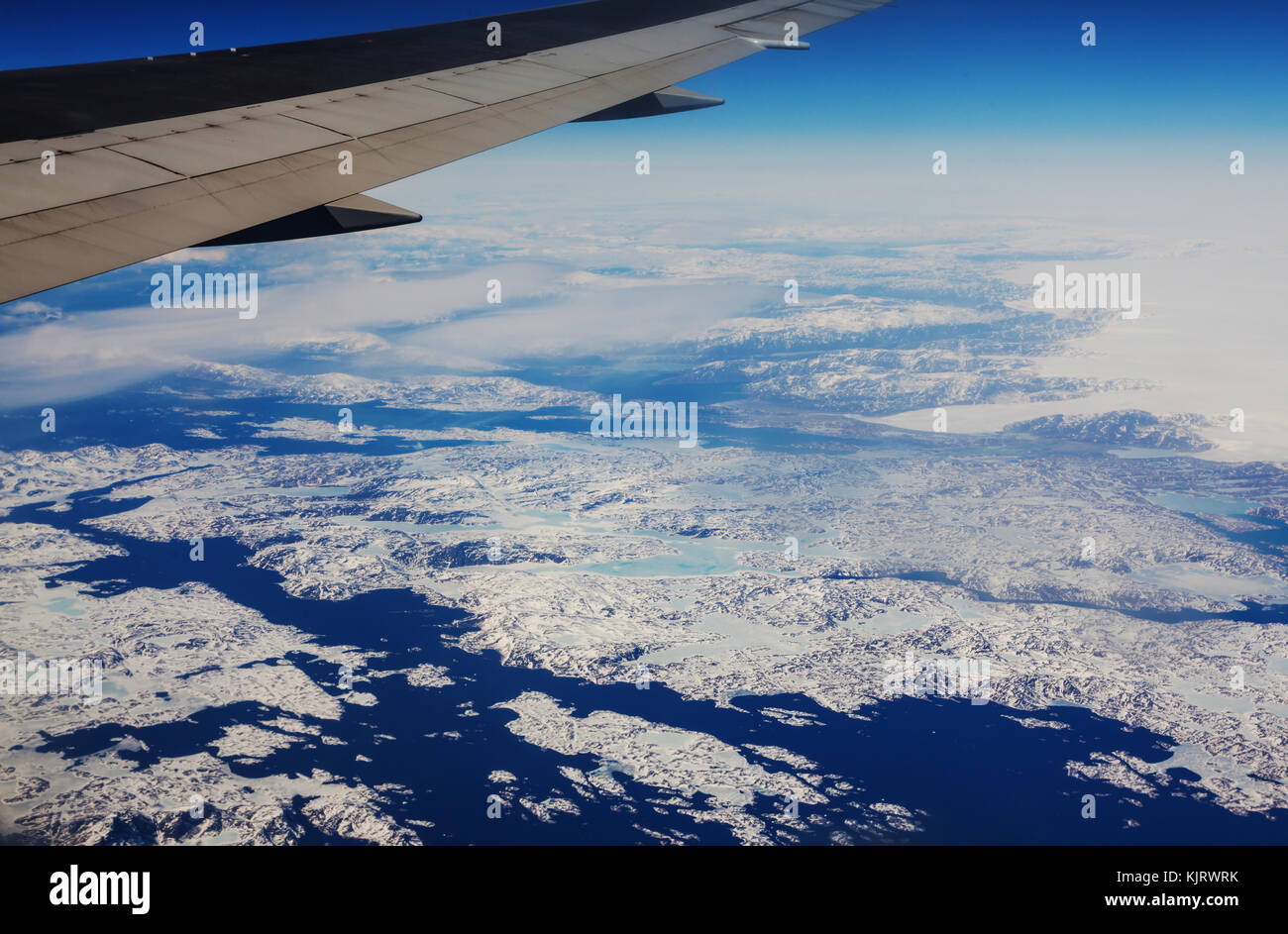 Aerial view from aircraft flying in high altitude. Landscape from above ...