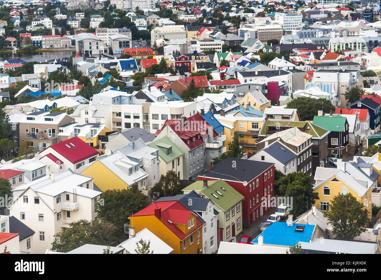 travel to Iceland - above view of residential houses in Reykjavik city ...