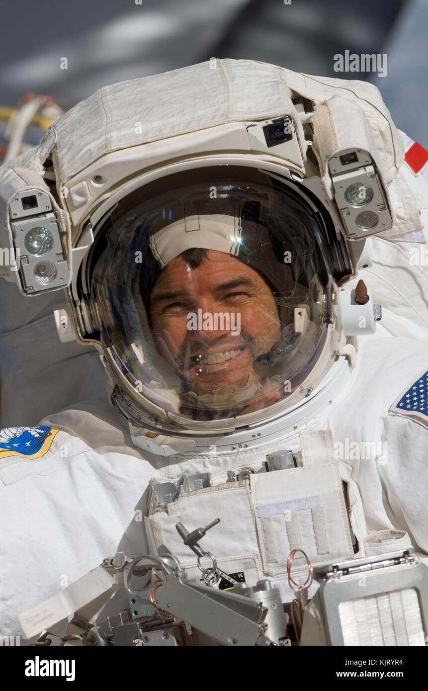 NASA STS-122 mission prime crew astronaut Rex Walheim works on the ...